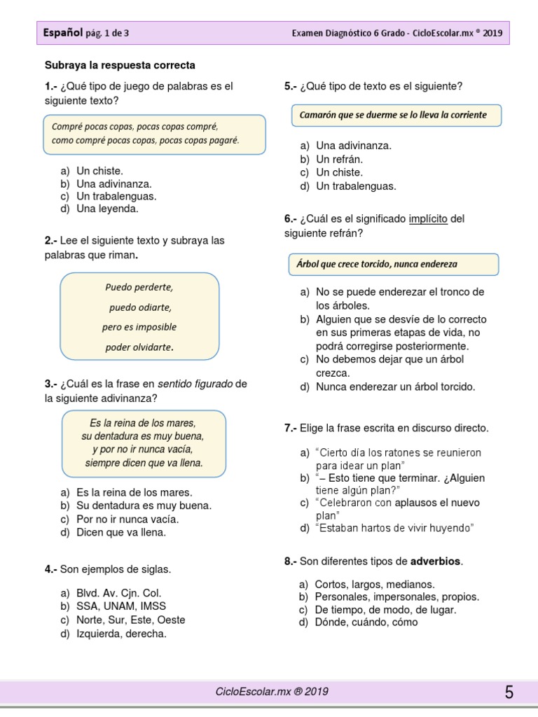 Examen Diagnóstico Español Sexto | PDF