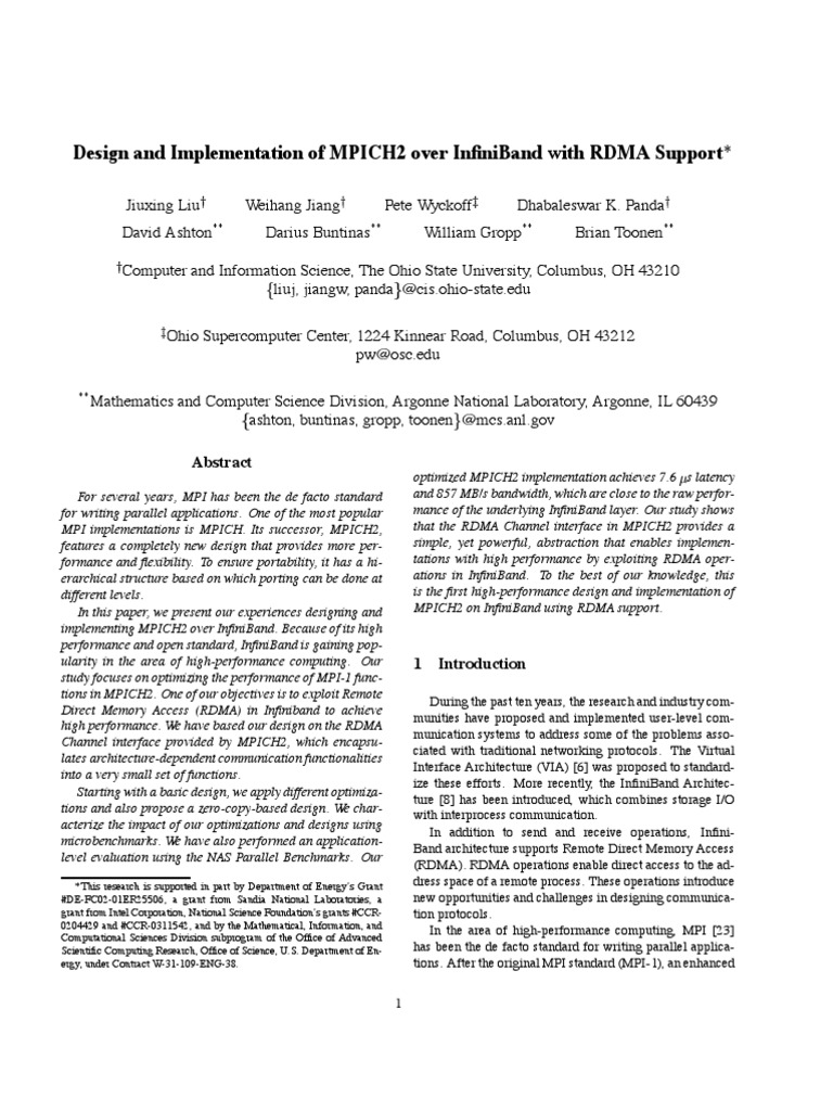 Design and Implementation of Mpich2 Over Infiniband With Rdma Support | PDF | Message Passing ...