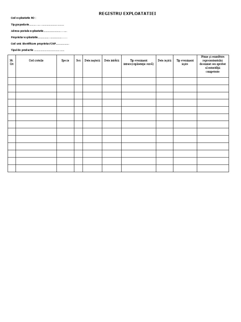 Registru Exploatatiei Part1 | PDF