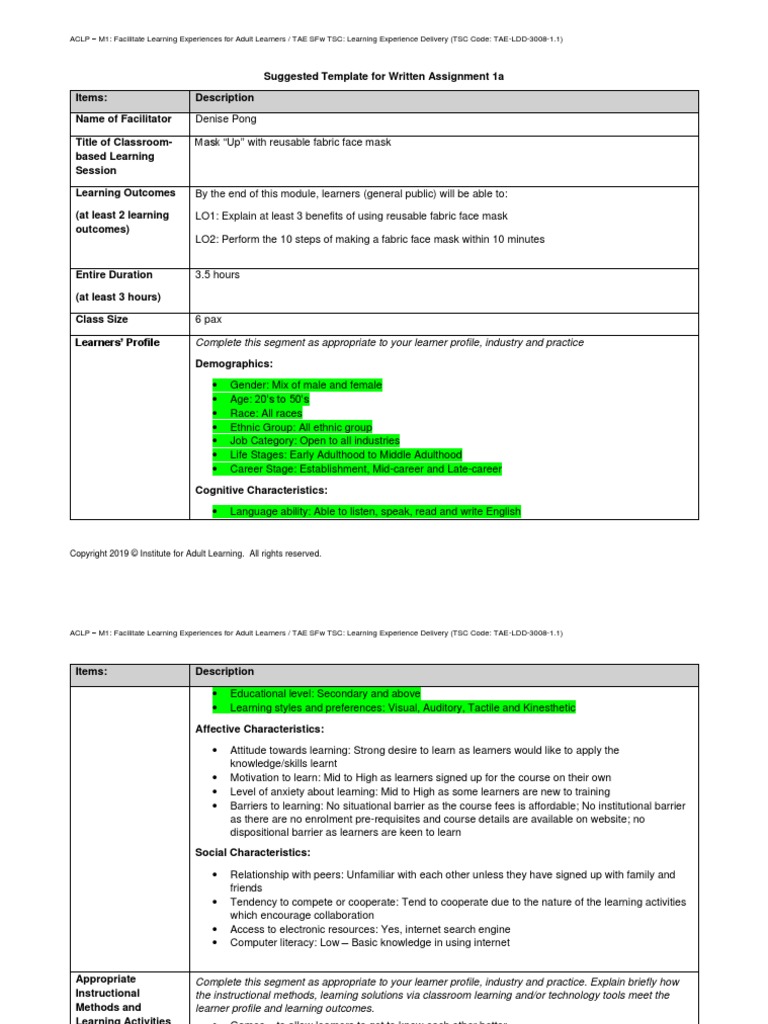 Sample WA 1a - Updated | PDF | Learning | Adult Education