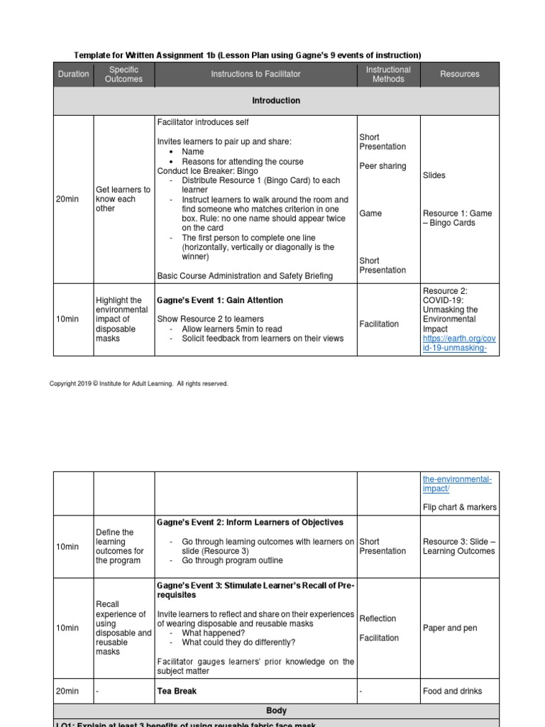 Template For Written Assignment 1b (Lesson Plan Using Gagne's 9 Events ...
