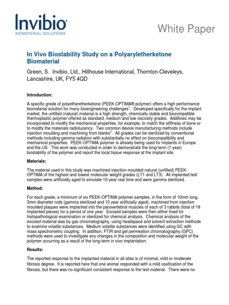 White Paper: in Vivo Biostability Study On A Polyaryletherketone ...