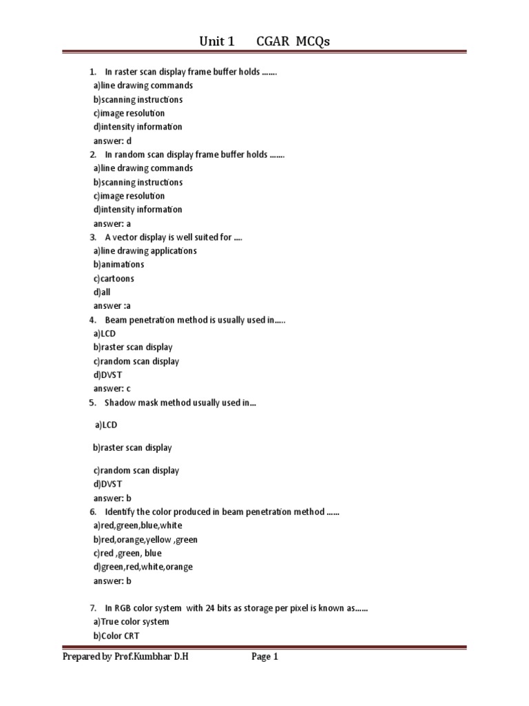 UNIT 1 CGAR MCQs | PDF | Display Resolution | Computer Monitor