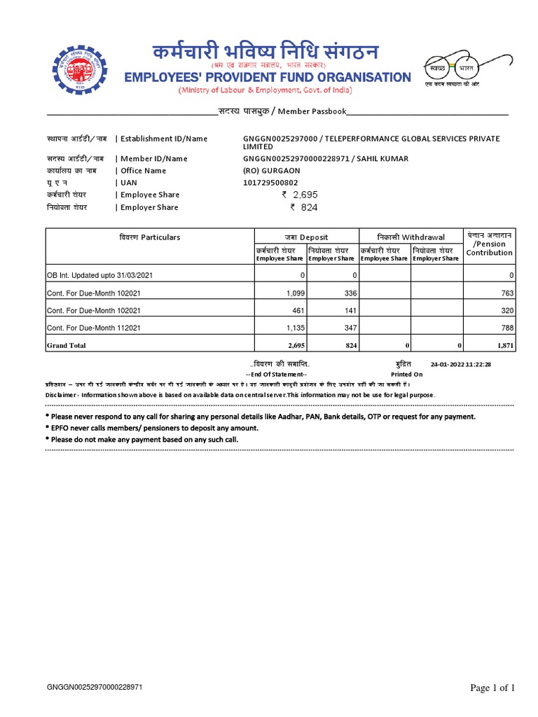 EPFO Member Passbook Summary | PDF | Employee Benefits | Retirement