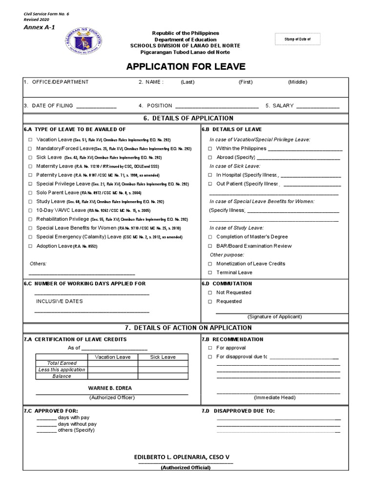 Application For Leave: Annex A-1 | PDF | Social Programs | Government