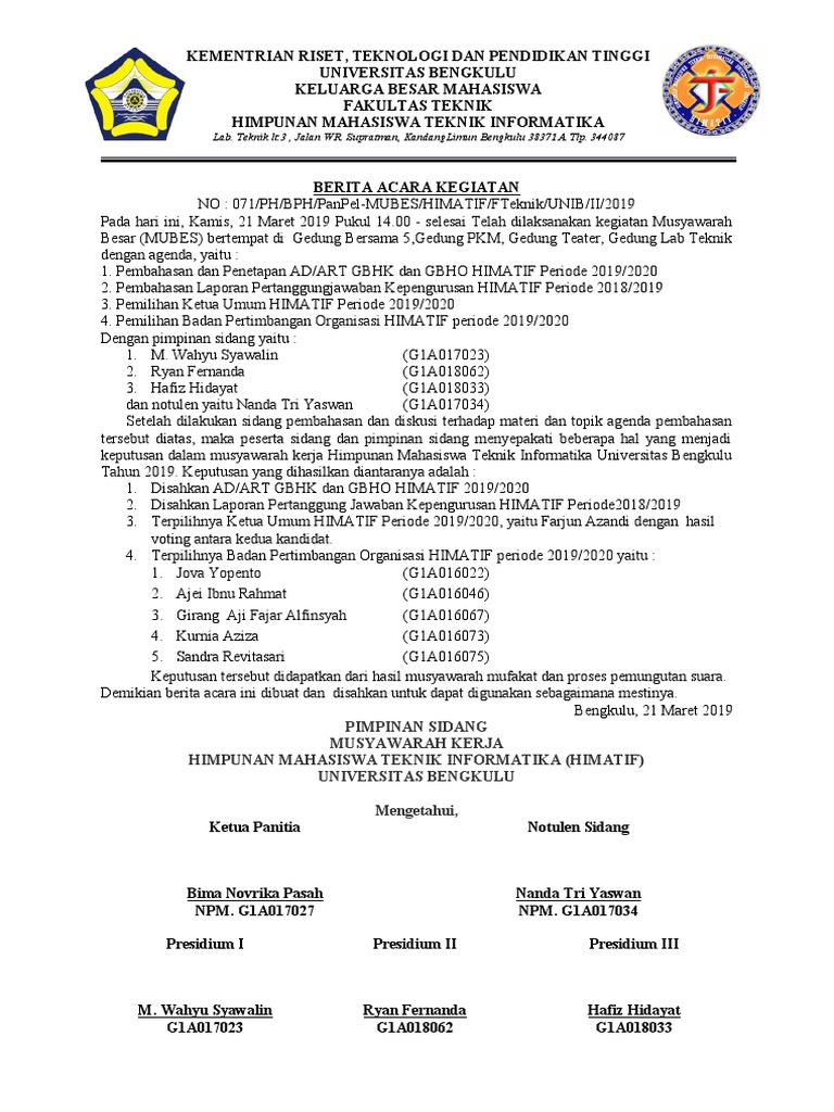 Berita Acara Kegiatan Mubes 2019 | PDF