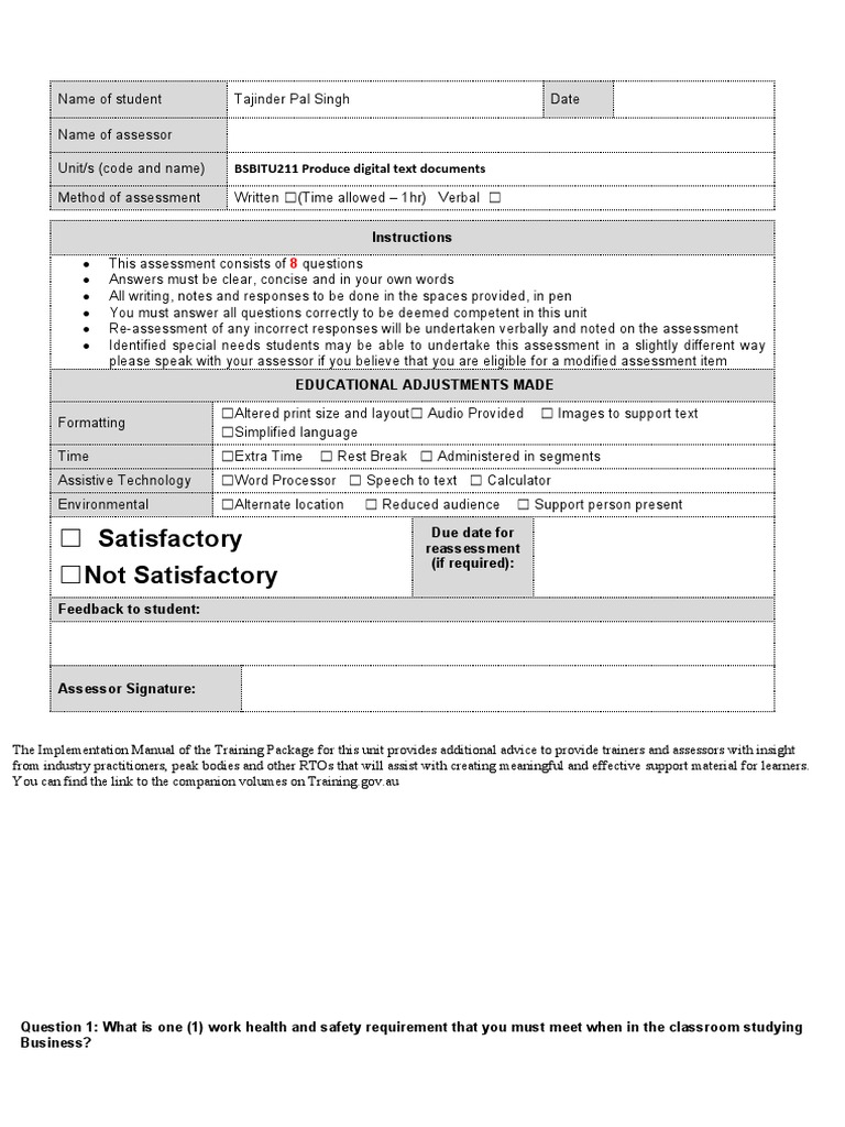 Satisfactory Not Satisfactory | PDF | Occupational Safety And Health ...