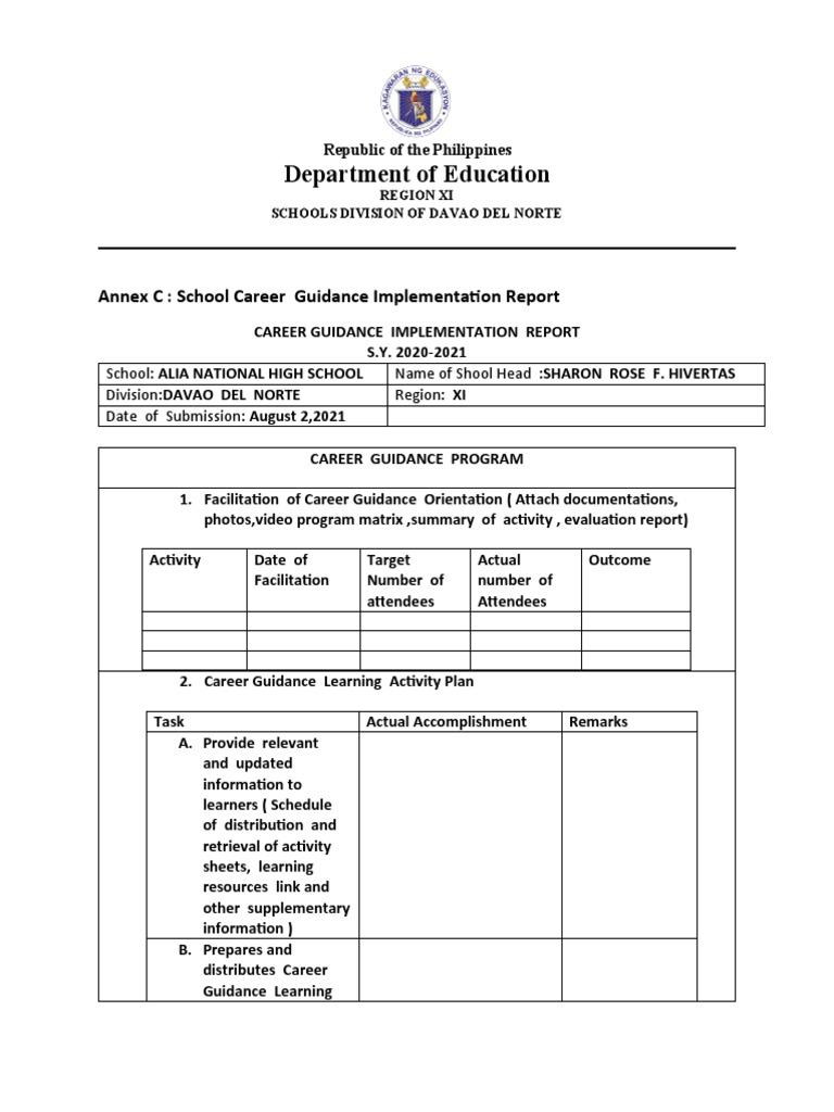 Department of Education: Annex C: School Career Guidance Implementation ... Department of Education: Annex C: School Career Guidance Implementation ...