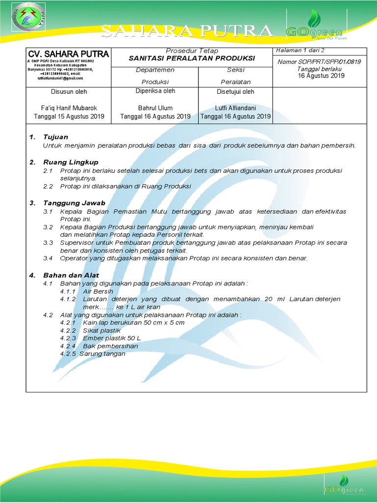 Protap Sanitasi Peralatan Produksi | PDF