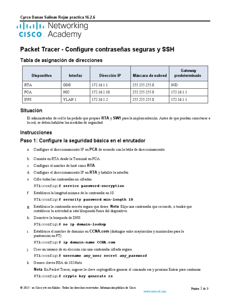 16 4 6 Packet Tracer Configure Secure Passwords And Ssh Es Xl Pdf Dirección Ip Contraseña