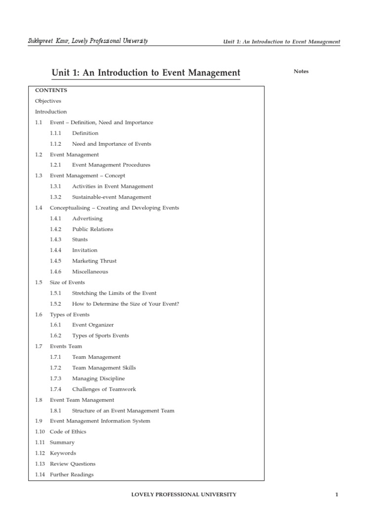 Unit 1: An Introduction To Event Management: Sukhpreet Kaur, Lovely ...
