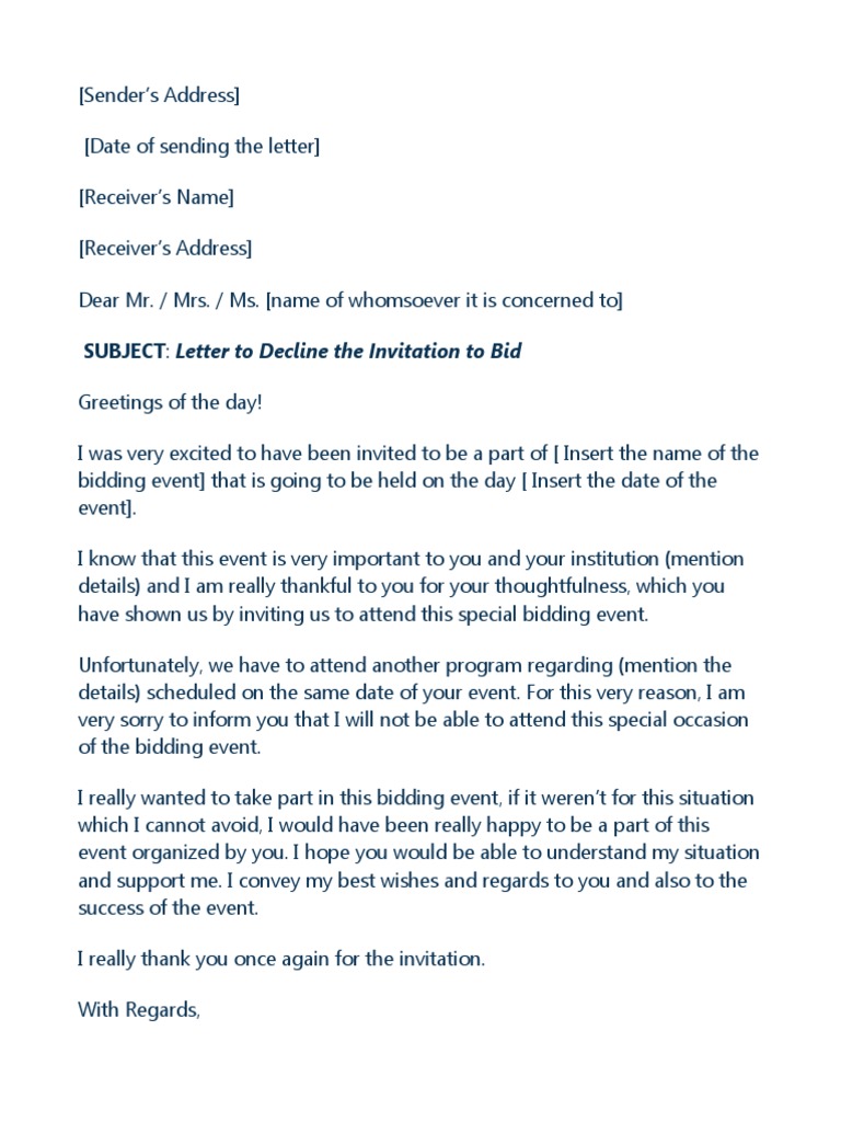 Decline Invitation To Bid Sample | PDF