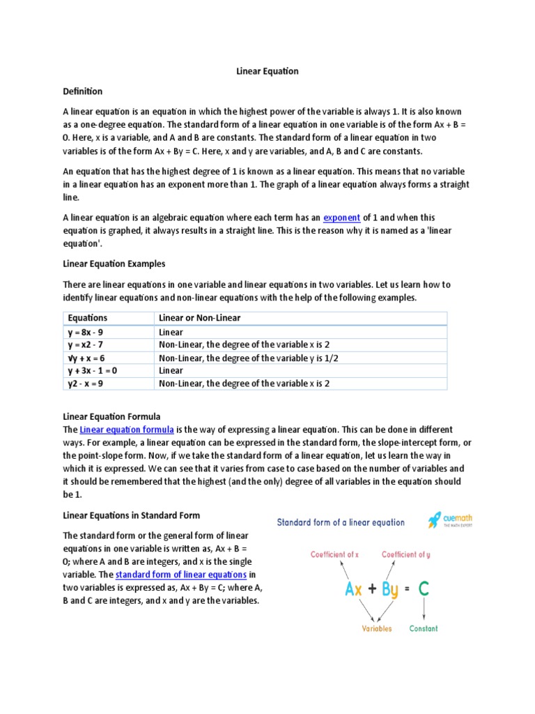 Linear Equation | PDF | Equations | Variable (Mathematics)