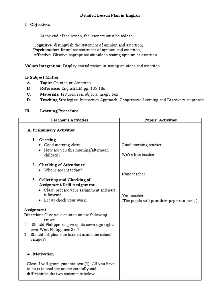 Opinion and Assertion | PDF | Lesson Plan | Teachers