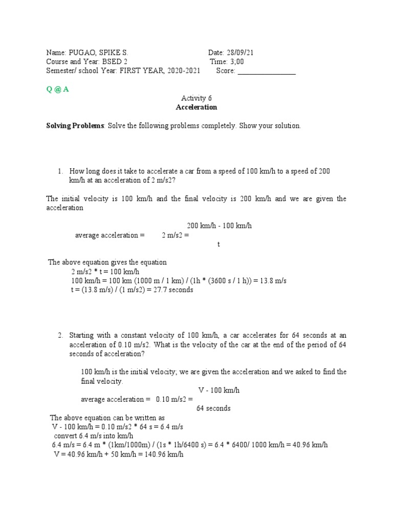 Acceleration Solving Problems: Solve The Following Problems Completely ...