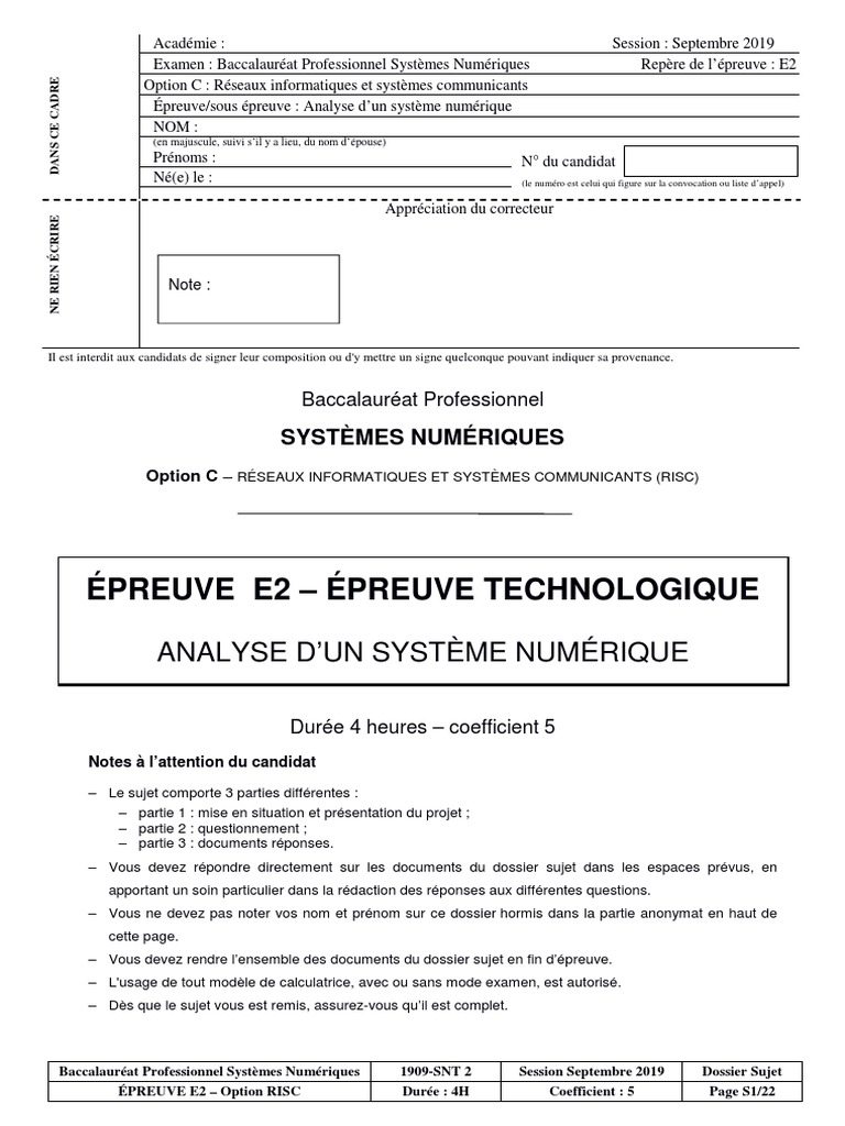Epreuve E2 Bac Pro SN Septembre 2019 Risc Sujet | PDF | Wi-Fi | Fibre optique
