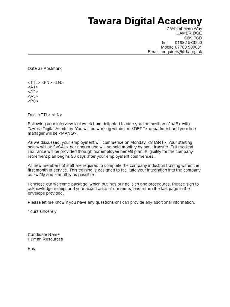 Tawara Digital Academy Offer Letter | PDF