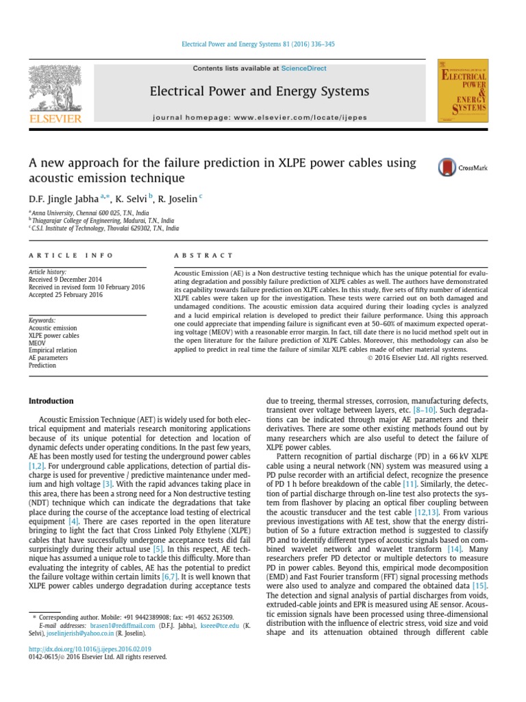 A New Approach For The Failure Prediction in XLPE Power Cables Using Acoustic Emission Technique ...