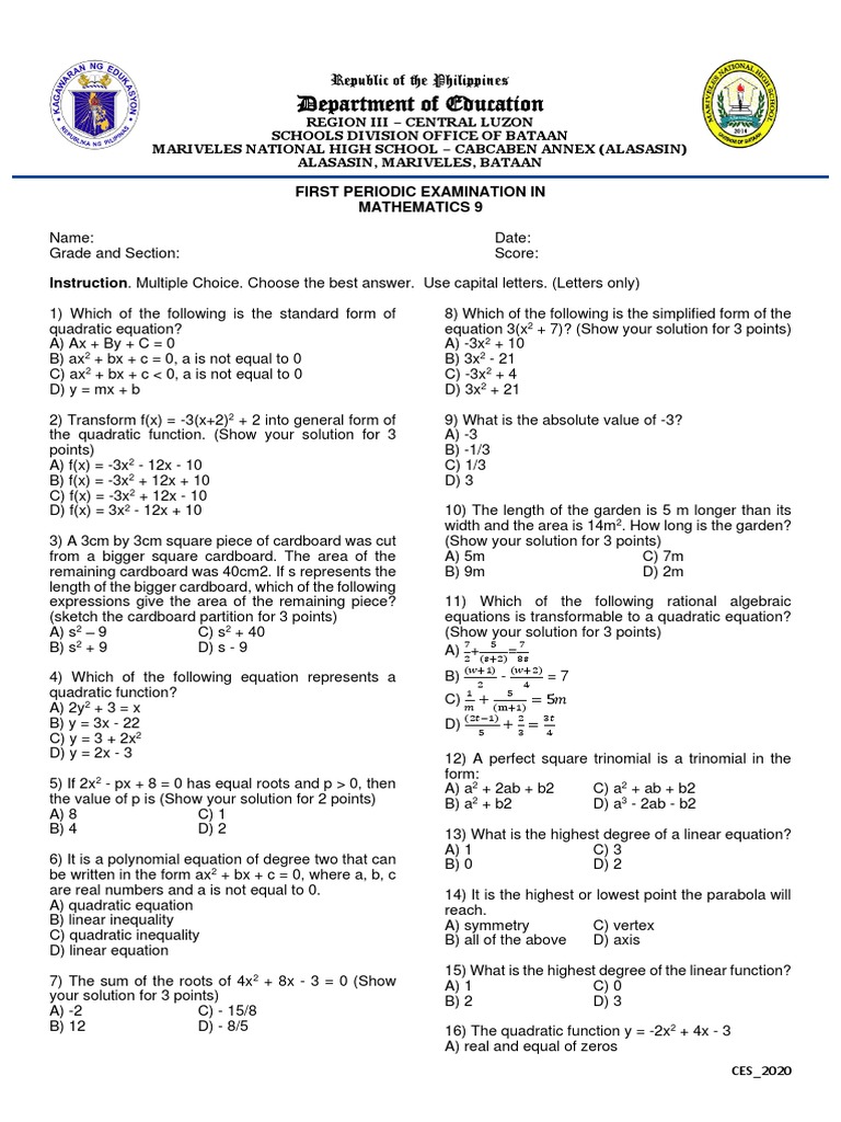 Grade 9 Math Pre-Assessment Key | PDF | Quadratic Equation | Mathematics