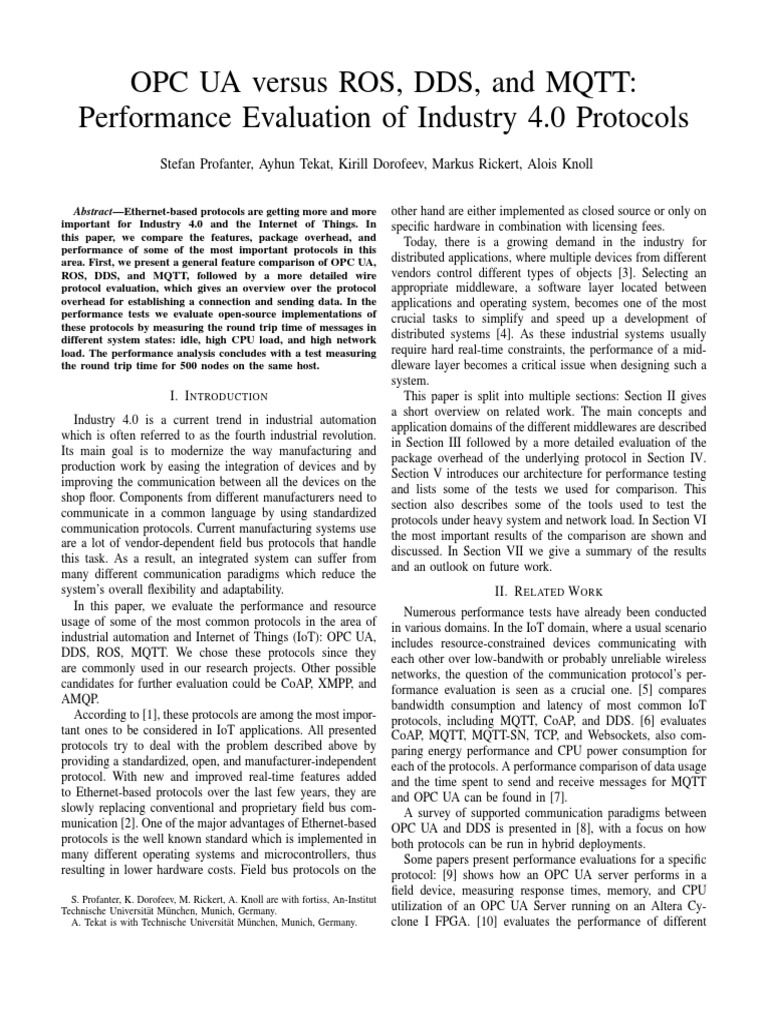 OPC UA Versus ROS, DDS, and MQTT: Performance Evaluation of Industry 4.0 Protocols | PDF ...
