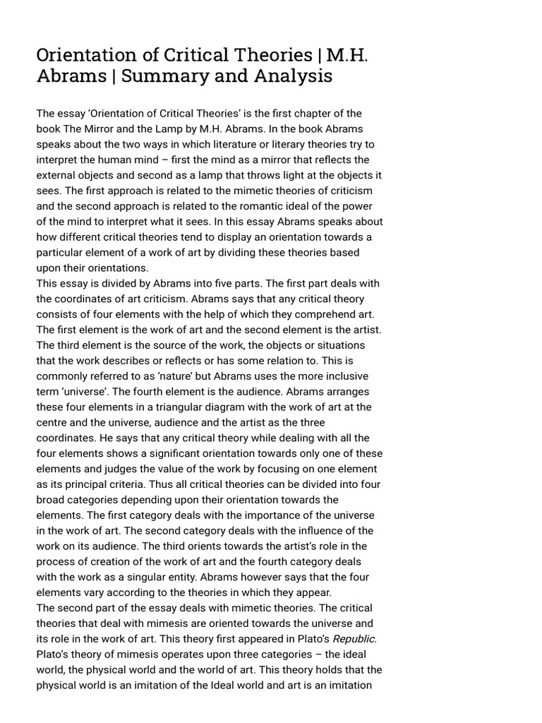 Orientation of Critical Theories M.H. Abrams Summary and Analysis ...