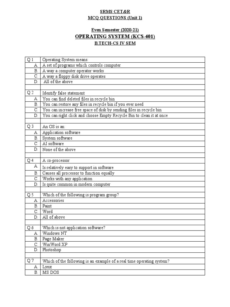 Operating System (Kcs-401) : Srms Cet&R MCQ Questions (Unit 1) Even Semester (2020-21) B.Tech-Cs ...