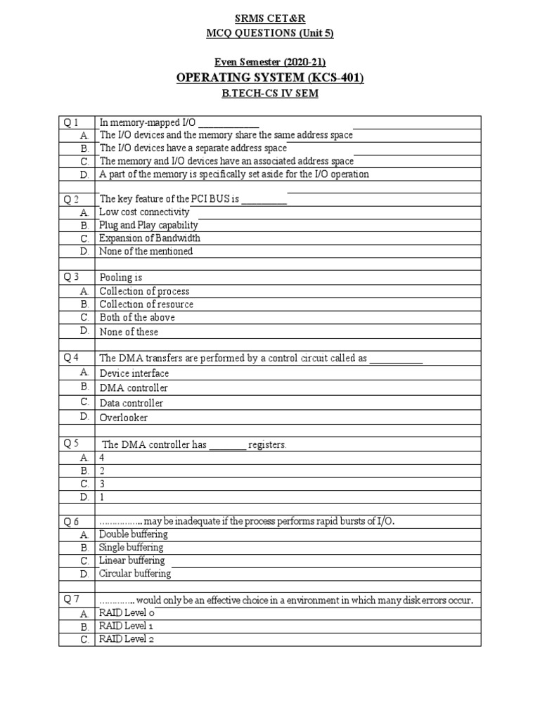 25 MCQs - OS (KCS 401) - Unit 5 | PDF | Computer File | File System
