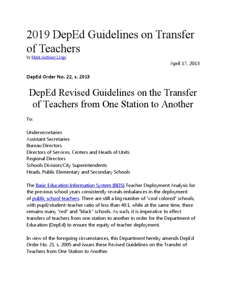 2019 DepEd Guidelines On Transfer of Teachers | PDF | Teachers | Social ...