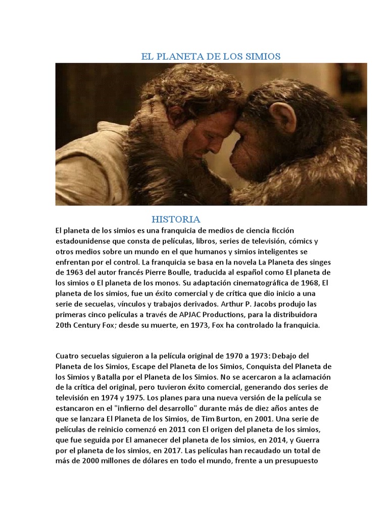 Historia y personajes de El Planeta de los Simios | PDF