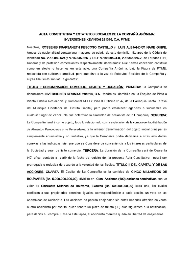 Acta Constitutiva Pyme | PDF | Compartir (Finanzas) | Business