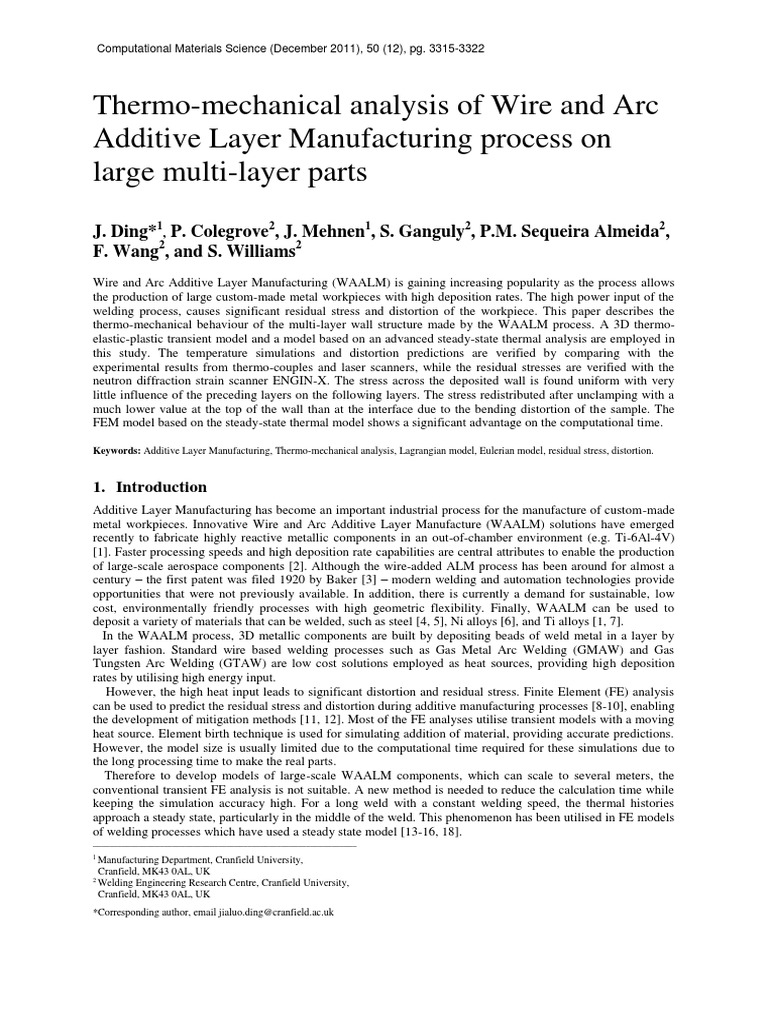 2011-Thermo-Mechanical Analysis of Wire and Arc Additive Layer Manufacturing Process On Large ...