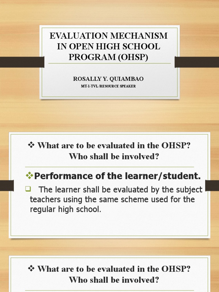 Evaluation Mechanism in Open High School Program (Ohsp) : Rosally Y. Quiambao | PDF ...