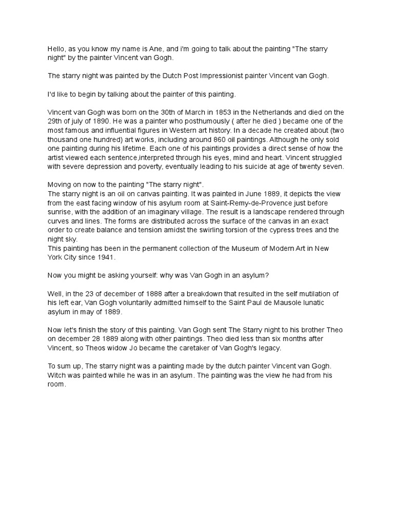 The Starry Night - by The Painter Vincent Van Gogh | PDF