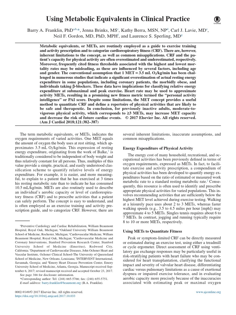 Using Metabolic Equivalents in Clinical Practice | PDF | Physical ...