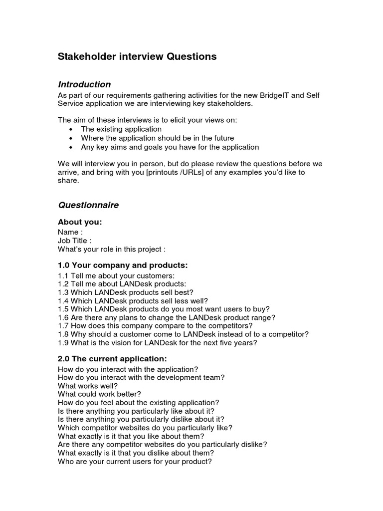 Stakeholder Interview Questions: About You | PDF