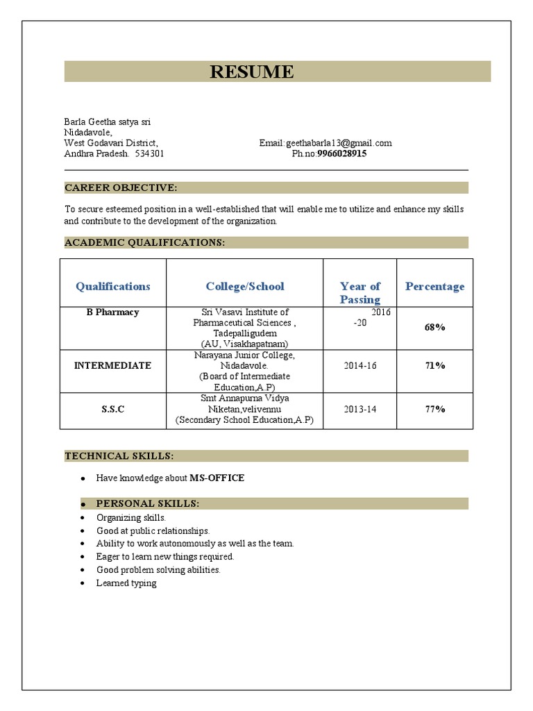 Resume: Qualifications College/School Year of Passing Percentage | PDF ...