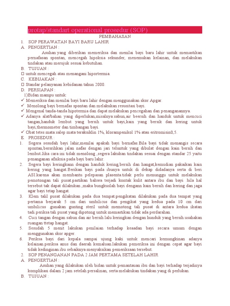 Protap Sop Bayi Baru Lahir | PDF