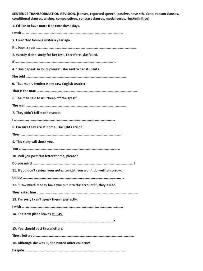 Worksheet 8. Sentence Transformation Review | PDF | Grammar | Linguistics