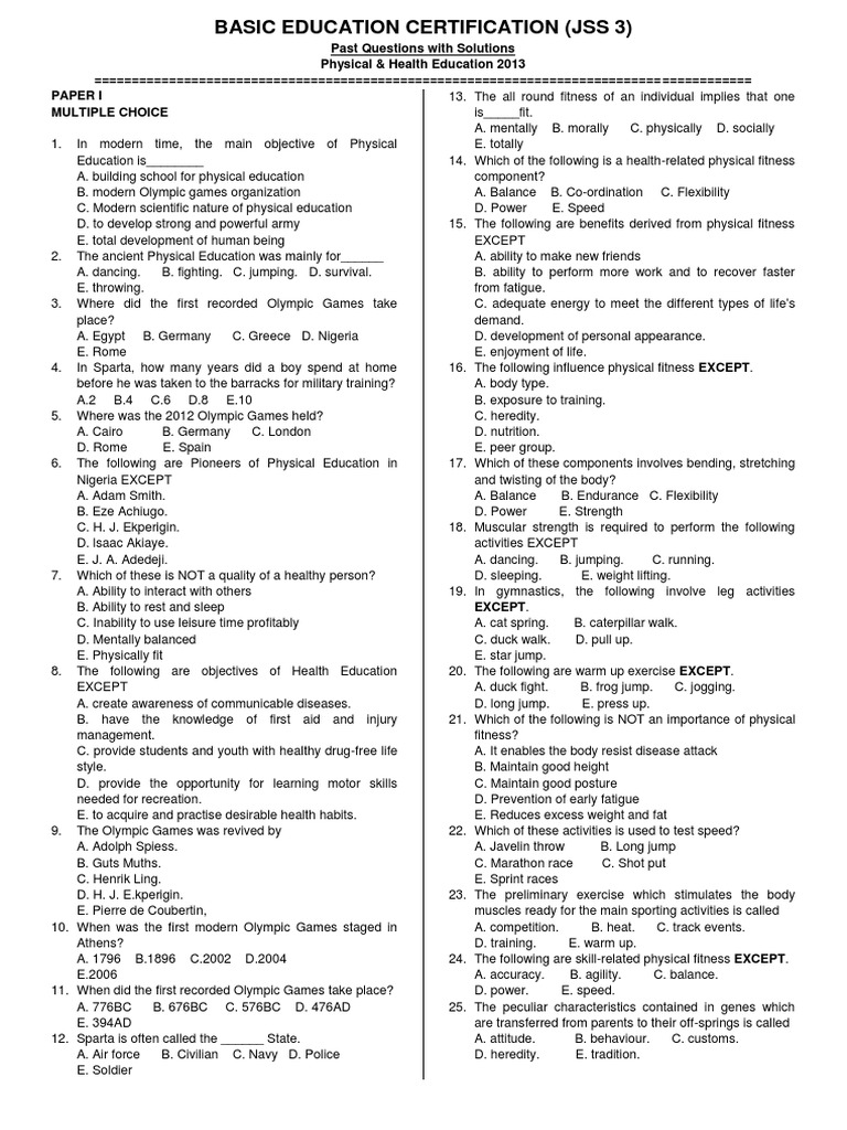 Junior WAEC Past Question - Physical & Health Education (PDF - Io ...