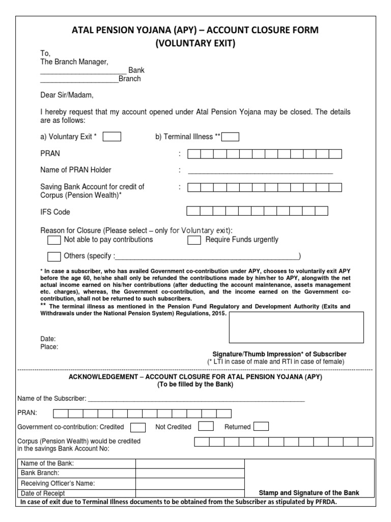 Atal Pension Yojana (Apy) - Account Closure Form (Voluntary Exit) | PDF ...