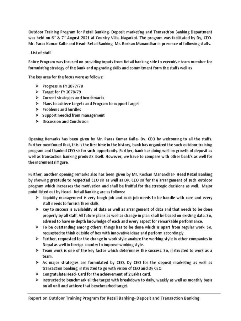 Outdoor Training Program For Retail Banking - Report | PDF | Banks ...