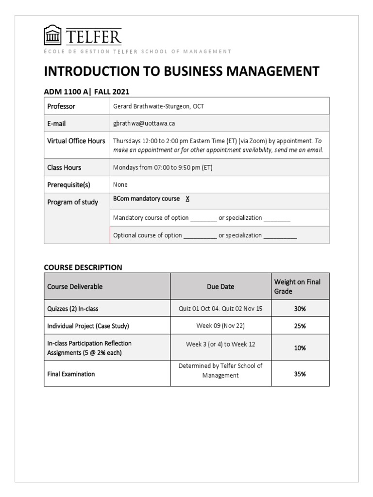 ADM 1100 A Course Outline Fall 2021 | PDF | Lecture | Academic Dishonesty