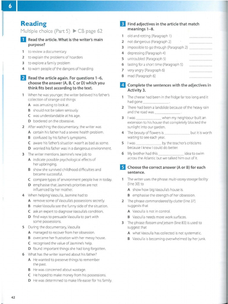 Reading: Multiple Choice (Part 5) CB Page 62 | PDF | Compulsive Hoarding