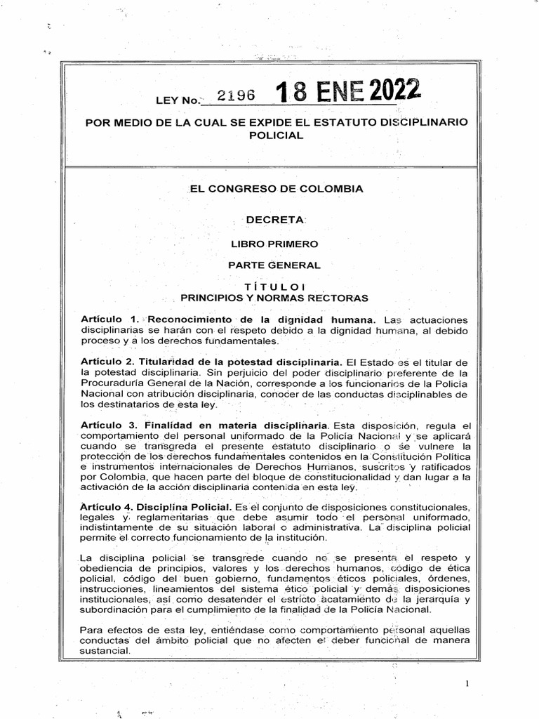 Ley 2196 Del 18 de Enero de 2022 | PDF | Disciplinas | Policía