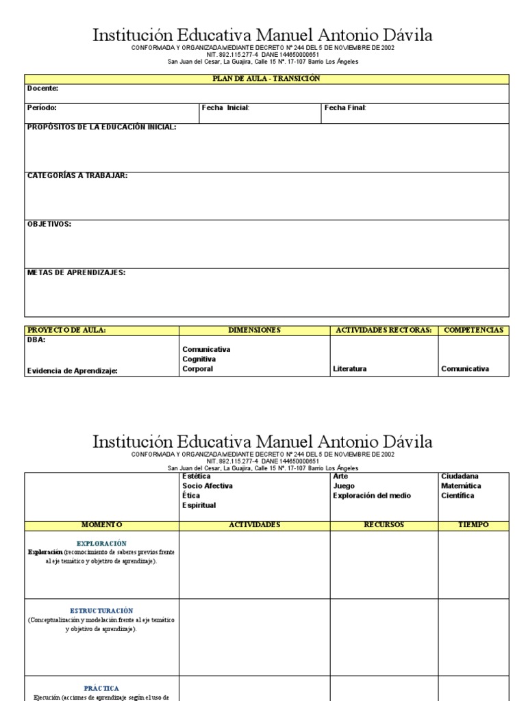 Formato Plan de Aula Preescolar | PDF | Aprendizaje | Educación de la ...