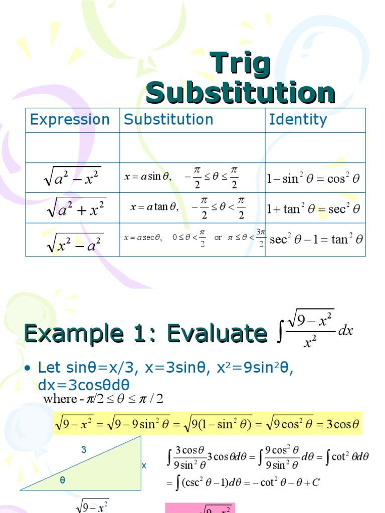 Trig Substitutions PP | PDF | Trigonometric Functions | Subtraction