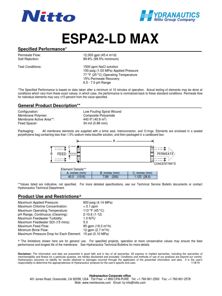 ESPA2-LD MAX membrane element spec sheet | PDF | Sodium Chloride | Membrane