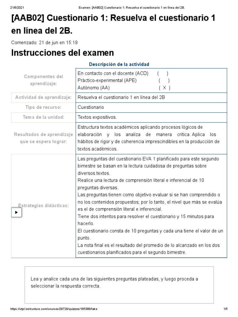 Cuestionario 1 LECTURA Y REDACCIÓN DE TEXTOS 2B | PDF | Prueba ...