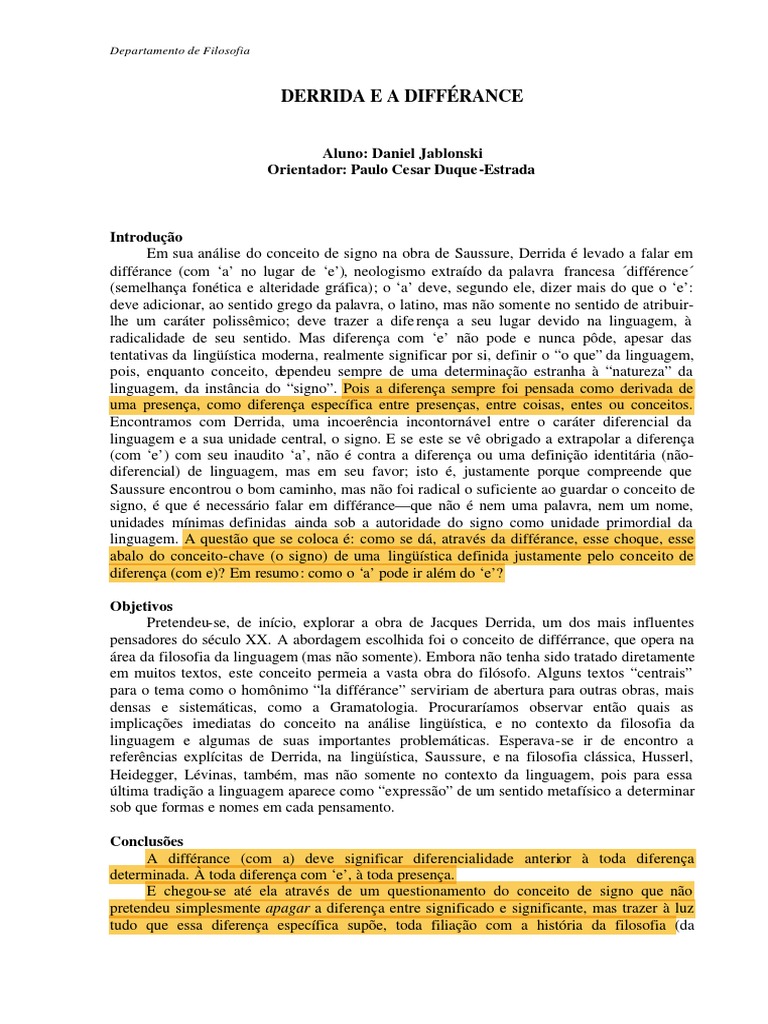 Jablonski, Daniel. DERRIDA E A DIFFÉRANCE | PDF | Semiótica | Cognição