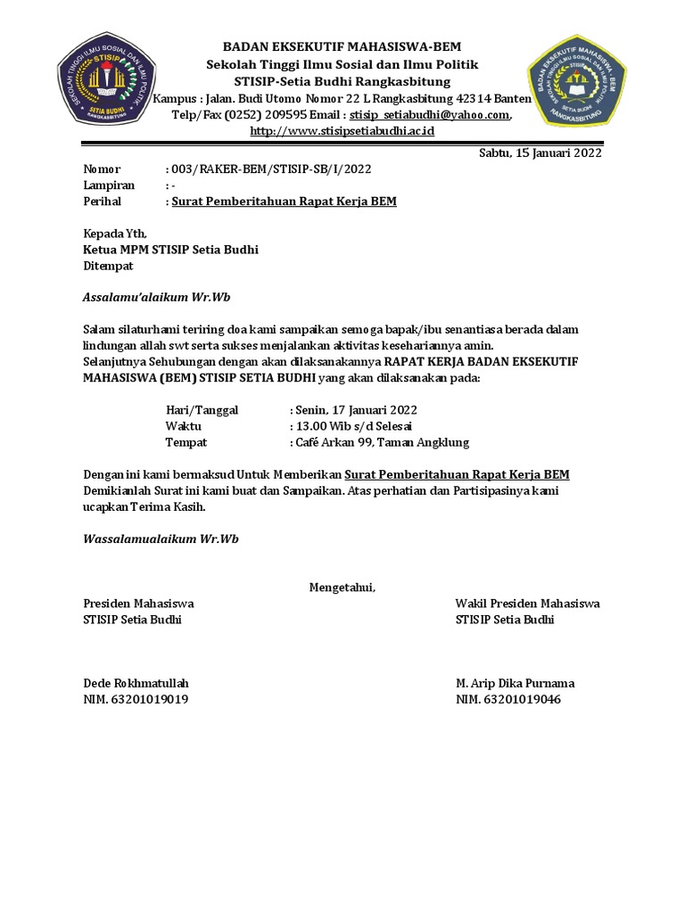 Surat Pemberitahuan RAKER BEM-dikonversi | PDF
